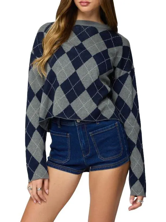 EDIKTED Argyle Crop Cotton Sweater - Dark-gray-melange