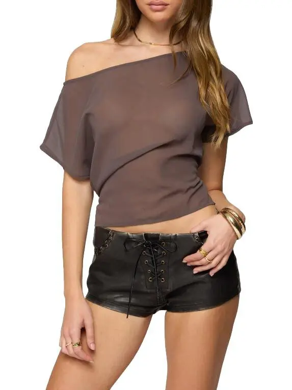 EDIKTED Noria One-shoulder Chiffon Top - Mocha