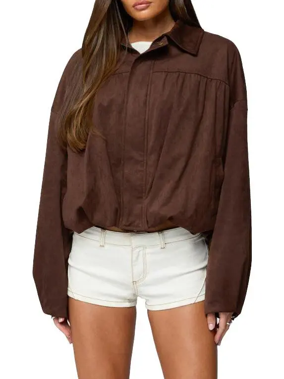 EDIKTED Alberta Bubble Hem Faux Suede Jacket - Dark-brown