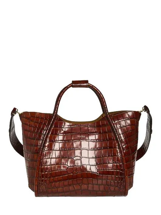 Max Mara Small Marine Croc Embossed Leather Tote - Brown