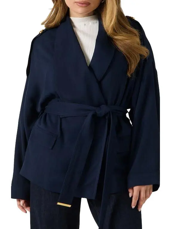 MARCIANO Abby Belted Wool Wrap Jacket - Medium Blue