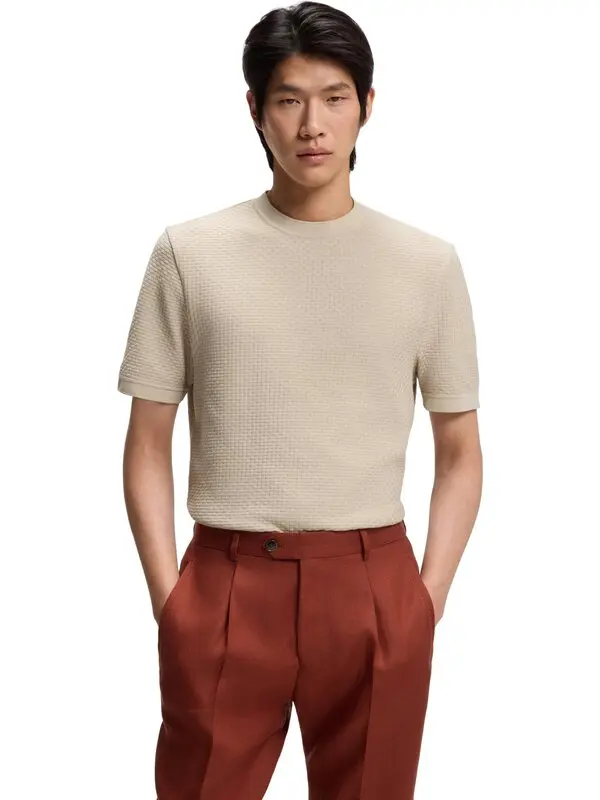 BOSS Basket-weave T-shirt In Mercerised Cotton - Khaki