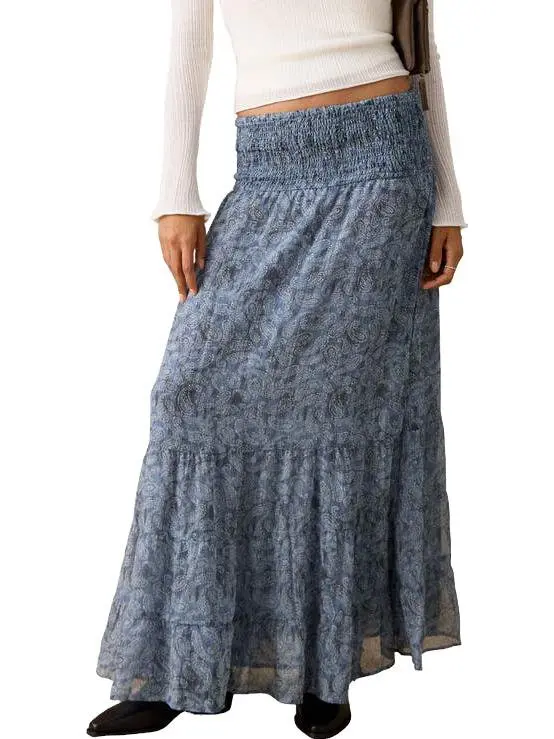 Mango Printed Maxi Skirt With Smocked Waistband - Sky Blue
