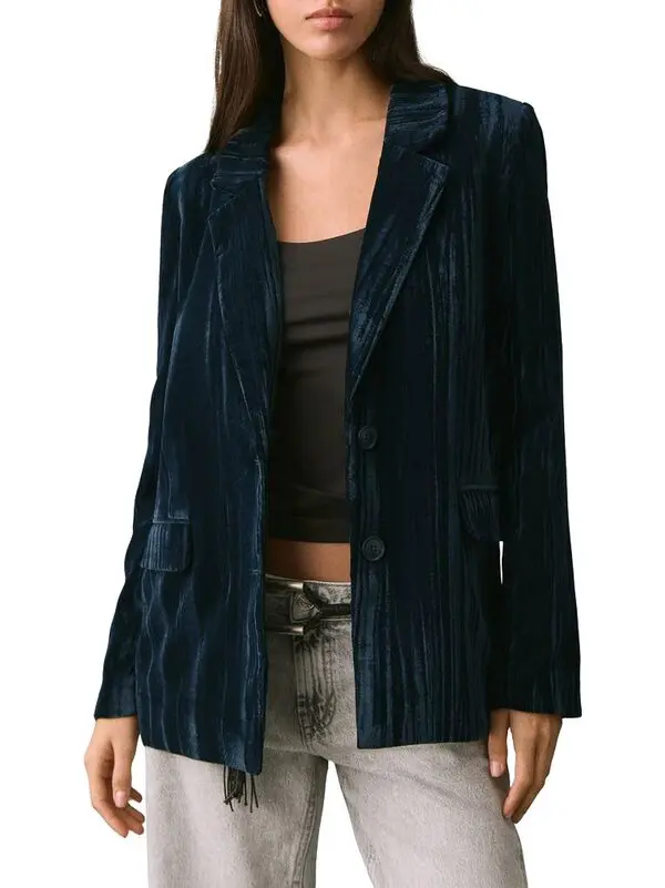 Mango Crushed Velvet Blazer - Navy