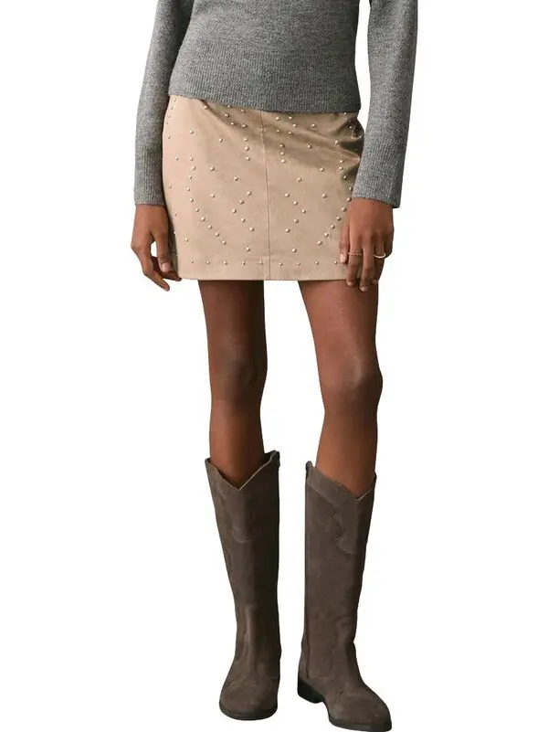 Mango Studded Faux Suede Mini Skirt - Sand
