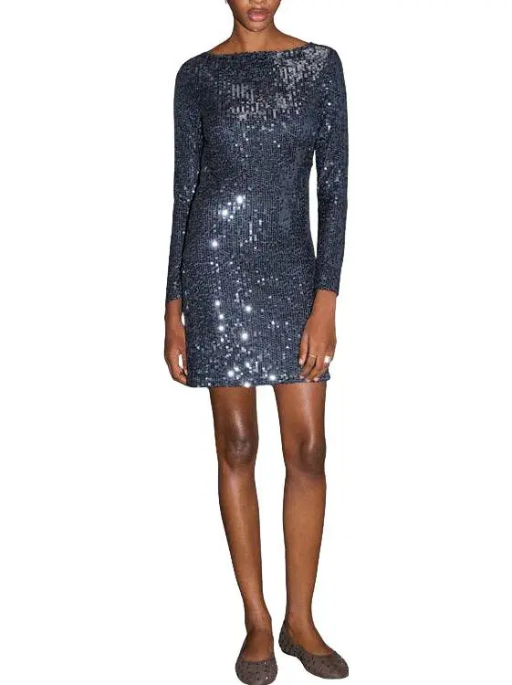 Mango Sequin Cowl Back Long Sleeve Mini Dress - Navy