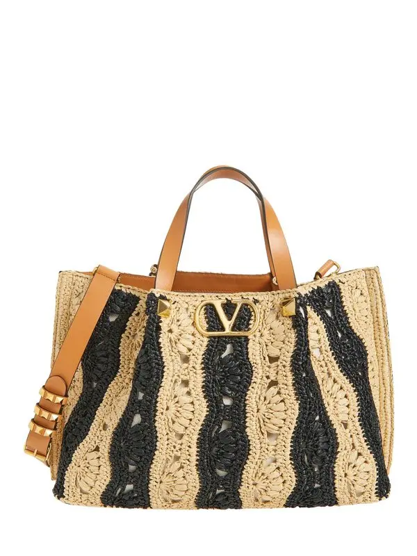 Valentino Garavani Vlogo Signature Crocheted Raffia Tote - Natural/black