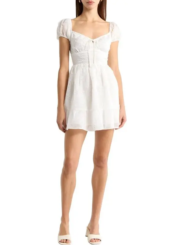 ALL IN FAVOR Embroidered Eyelet Ruffle Hem Minidress - White