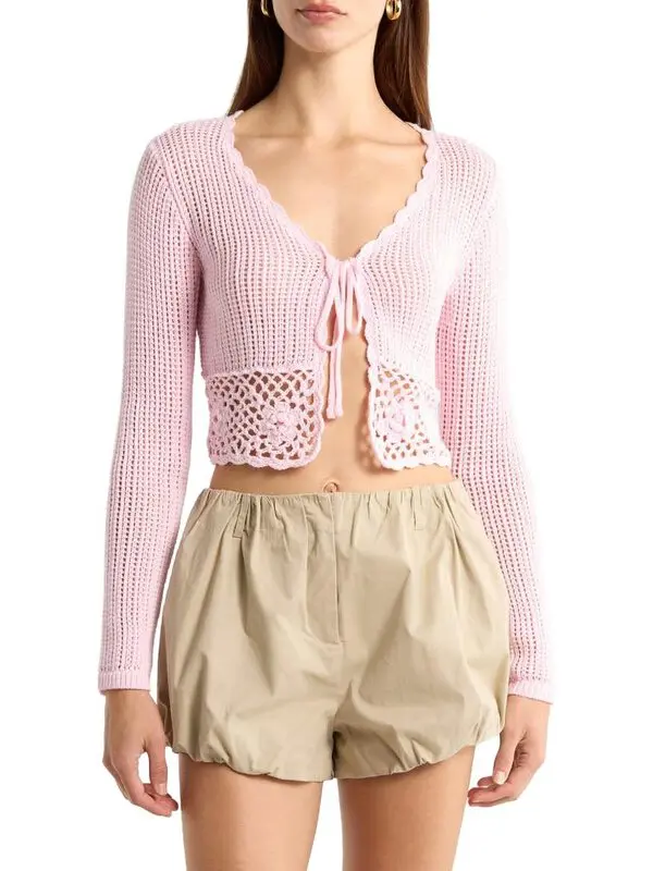 ALL IN FAVOR Crochet Detail Tie-front Sweater - Light Pink