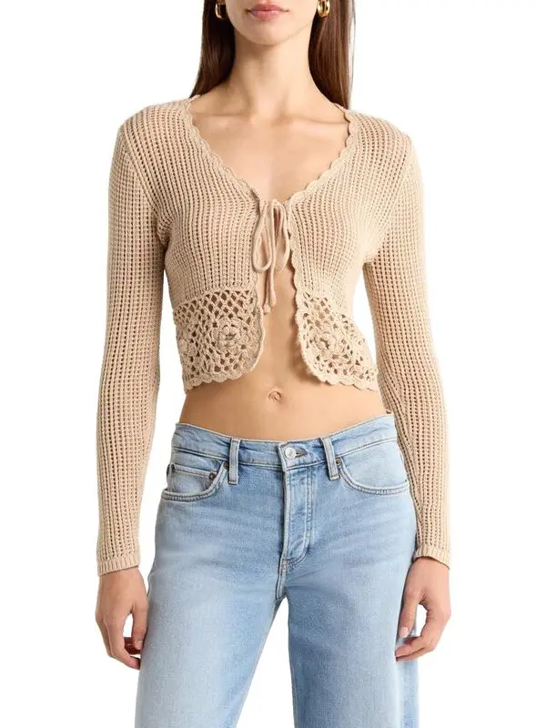 ALL IN FAVOR Crochet Detail Tie-front Sweater - Tan