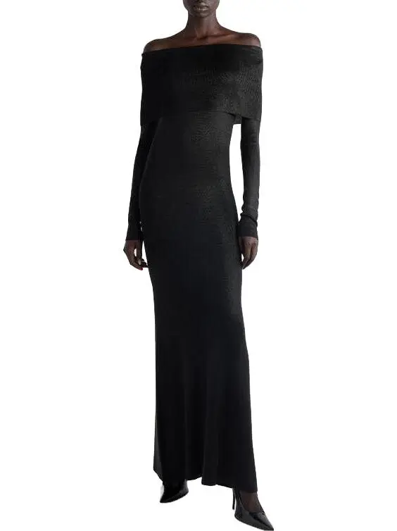 Balenciaga Off-the-shoulder Long Sleeve Metallic Knit Maxi Dress - Black