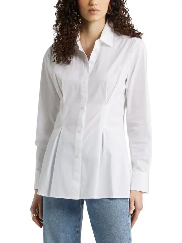 Nordstrom Cotton Poplin Button-up Shirt With Pleated Waist - White