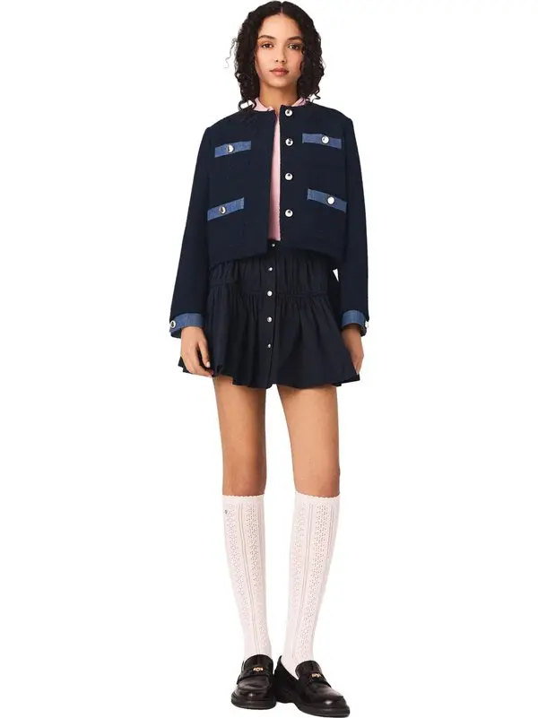 Maje Tweed Jacket With Denim Trim - Navy