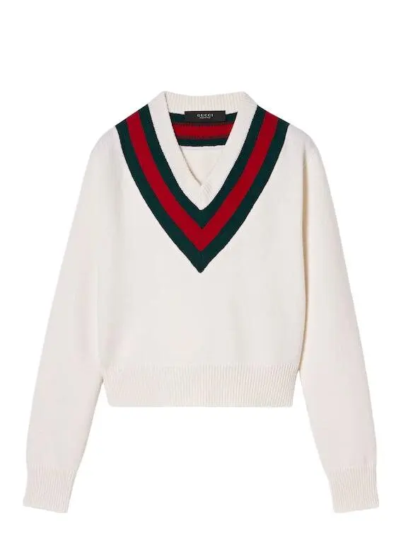 Gucci Fine Knit Wool Sweater With Web Detail - White