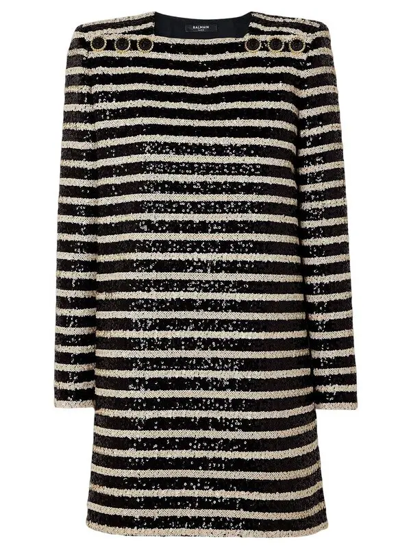 Balmain Sequined Embellished Striped Crepe Mini Dress - Black