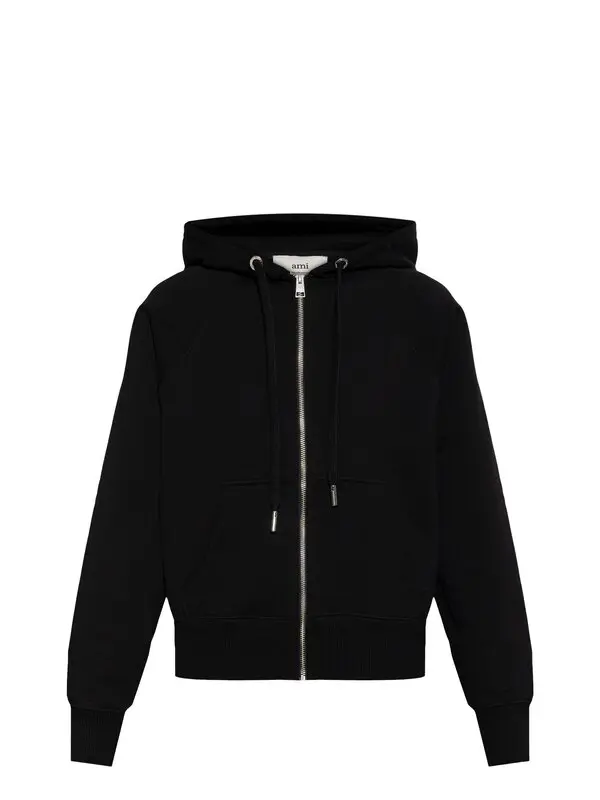 Ami Logo Detailed Zip Up Hoodie - Black