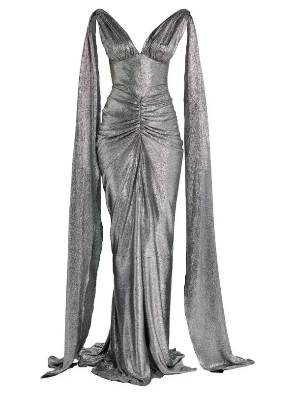RHEA COSTA V-neck Capelet Gown - Silver