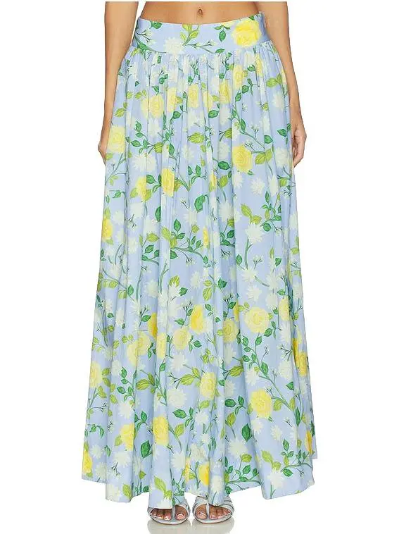 Verandah Paneled Maxi Skirt - Ice Blue  Yellow Rose & Mogra