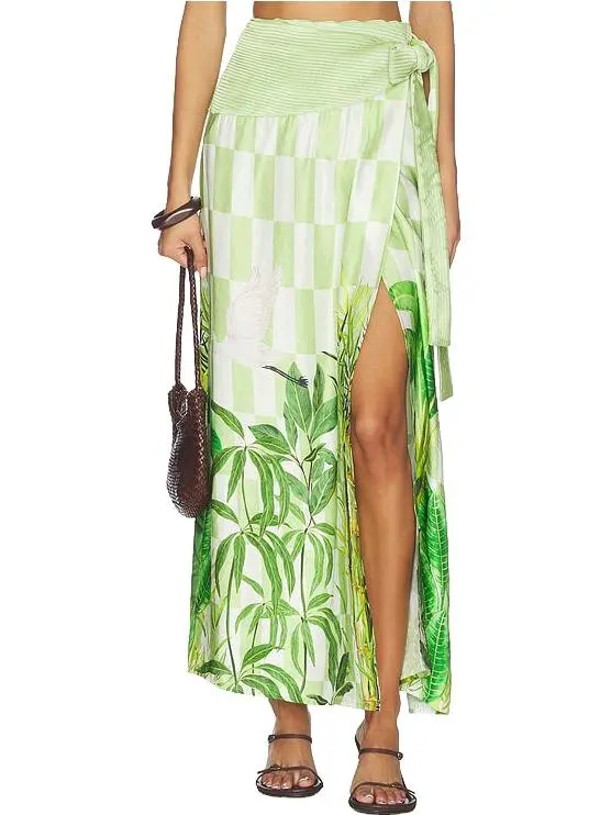Verandah Pushpanjali Wrap Maxi Skirt - Sage Green Foliage & Checks