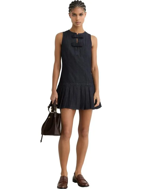 REISS Ruby Sleeveless Pleated Denim Mini Dress - Indigo Blue