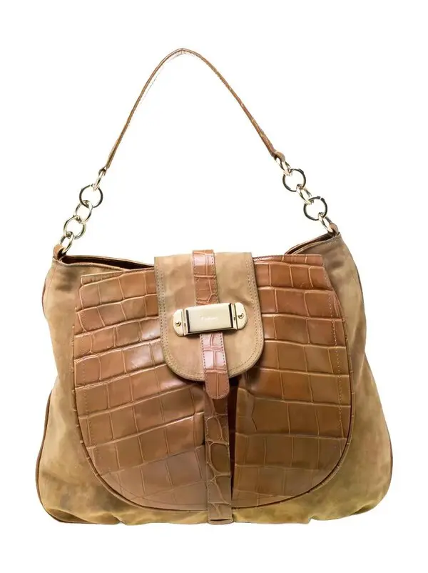 Furla Suede Croc-embossed Leather Shoulder Bag - Brown