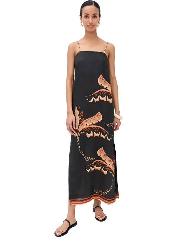 Las Surenas Palm Print Linen Maxi Dress - Bali Tiger Palms