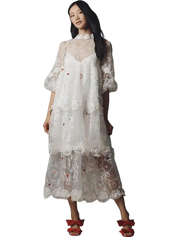 Maeve Sheer 3d Floral Long-sleeve V-neck Maxi Dress - Ivory Pattern