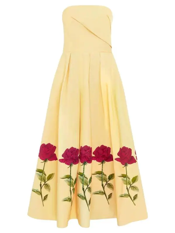 LEO LIN Strapless Rose Print Dress - Yellow