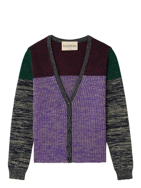Valentino Garavani Color-block Metallic Ribbed Wool-blend Cardigan - Purple