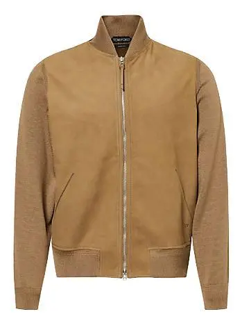 TOM FORD Contrast-knit Leather Jacket - Olive Green