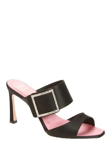 ROGER VIVIER Trompette Crystal Buckle Satin Sandal - Nero
