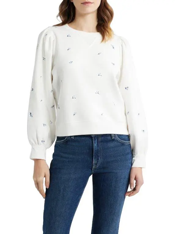 Rails Floral Embroidered Balloon Sleeve Cotton Sweatshirt - Embroidered Blue Iris