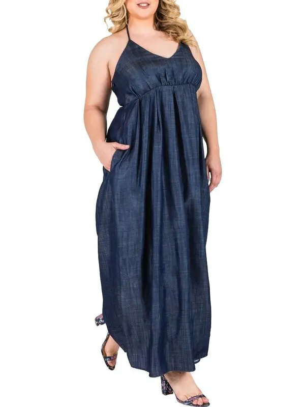 STANDARDS & PRACTICES Maui Maxi Chambray Halter Dress - Dark Blue
