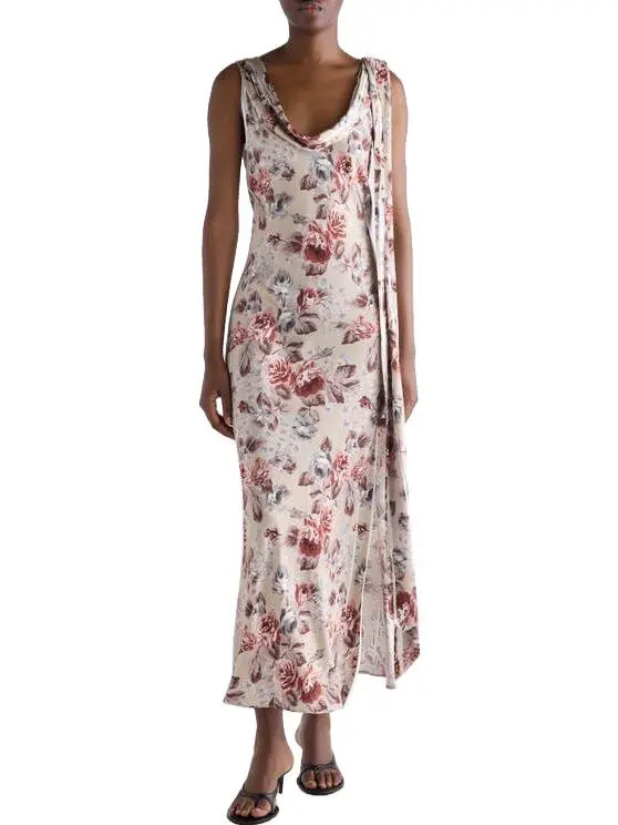 Acne Studios Floral Print Draped Cowl Neck Midi Dress - Multi Beige