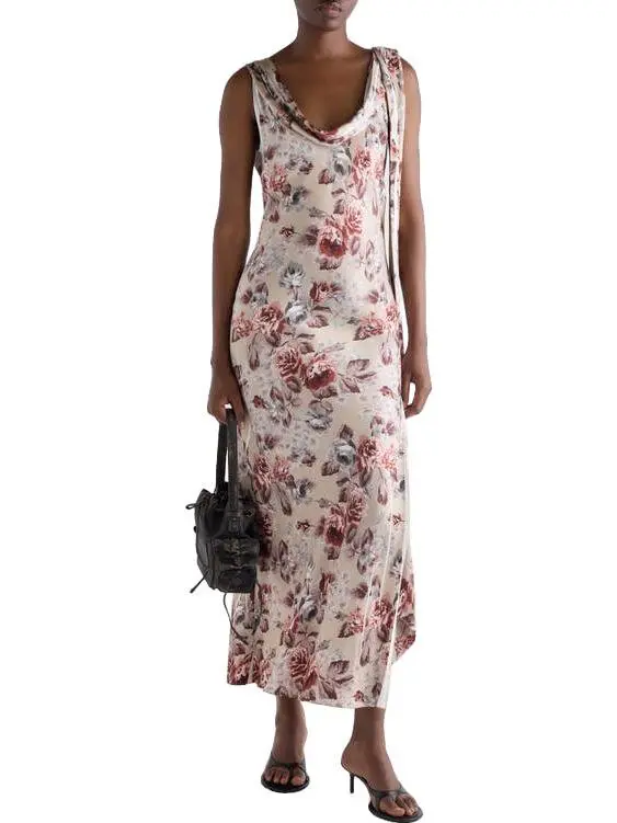 Acne Studios Floral Print Draped Cowl Neck Midi Dress - Multi Beige