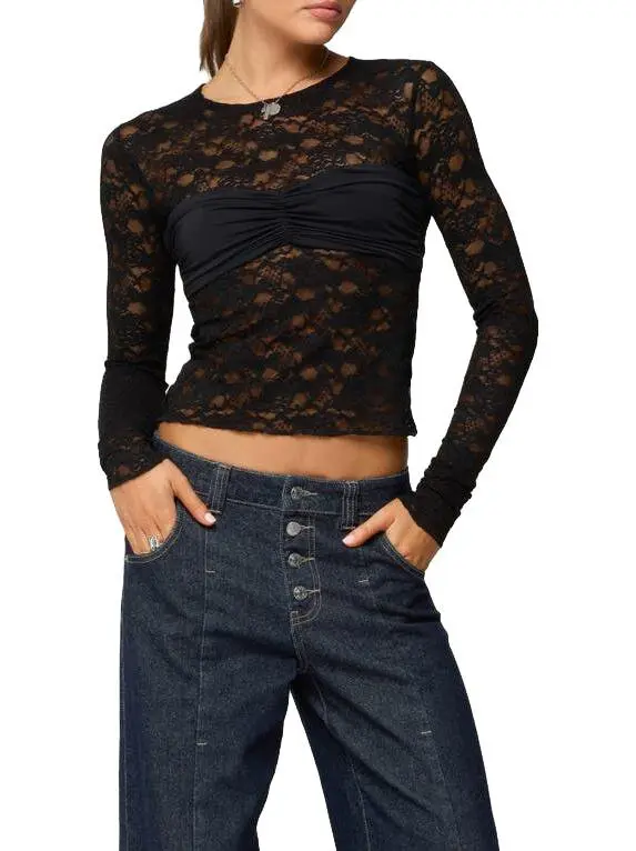 EDIKTED Rosette Lace Long Sleeve Top - Black