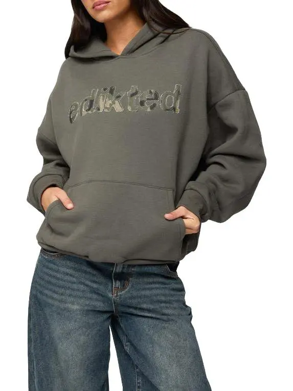 EDIKTED Oversized Hoodie With Camo Lettering - Olive