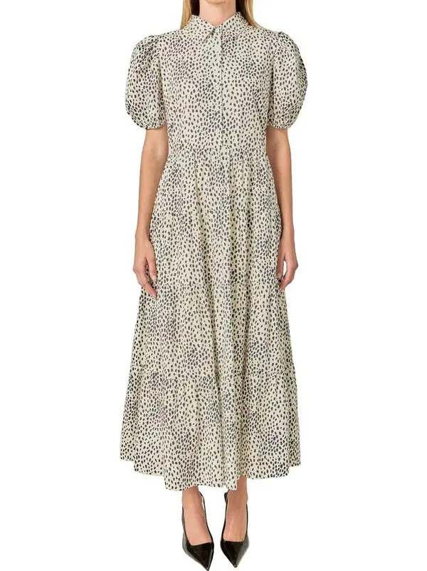 English Factory Printed Puff Sleeve Maxi Shirt Dress - Beige/black