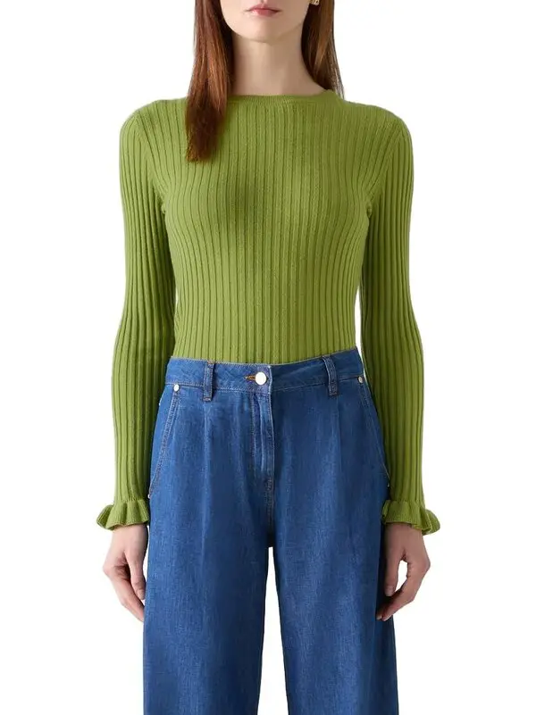 LK BENNETT Yara Ruffle Cuff Ribbed Crewneck Sweater - Green