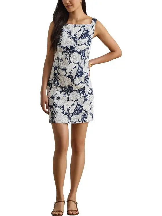 Ralph Lauren Richette Floral Linen Mini Dress - White/navy Blue