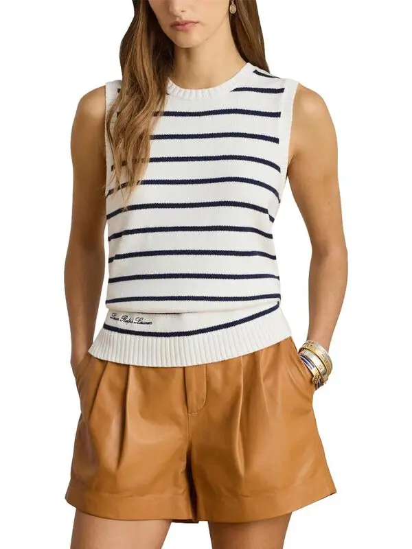 Ralph Lauren Stripe Sleeveless Cotton Sweater - White/refined Navy
