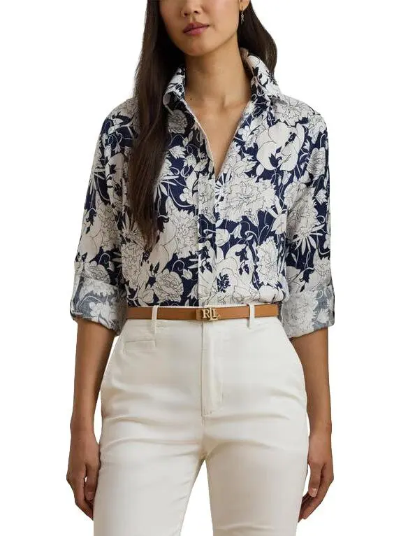 Ralph Lauren Karrie Floral Linen Button-up Shirt - White/navy Blue