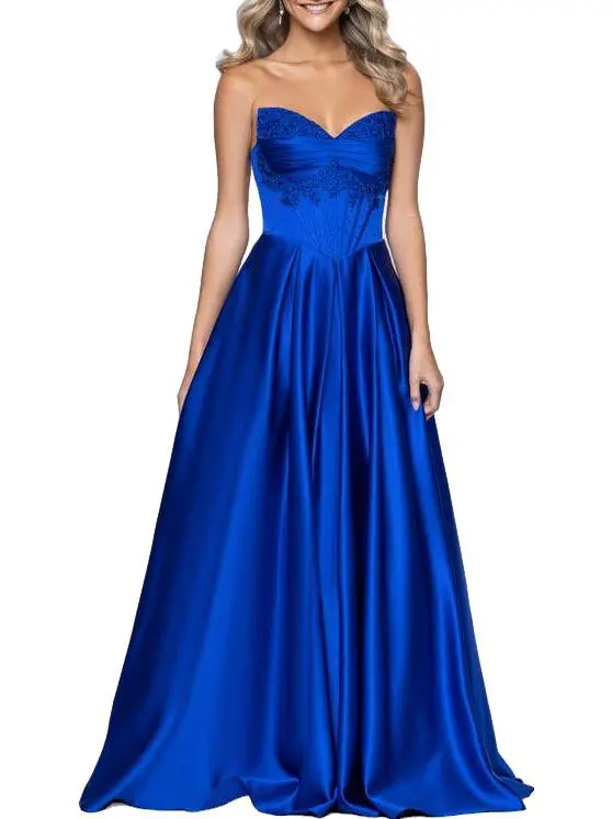 BLONDIE NITES Bead Detail Strapless Satin Gown - Royal