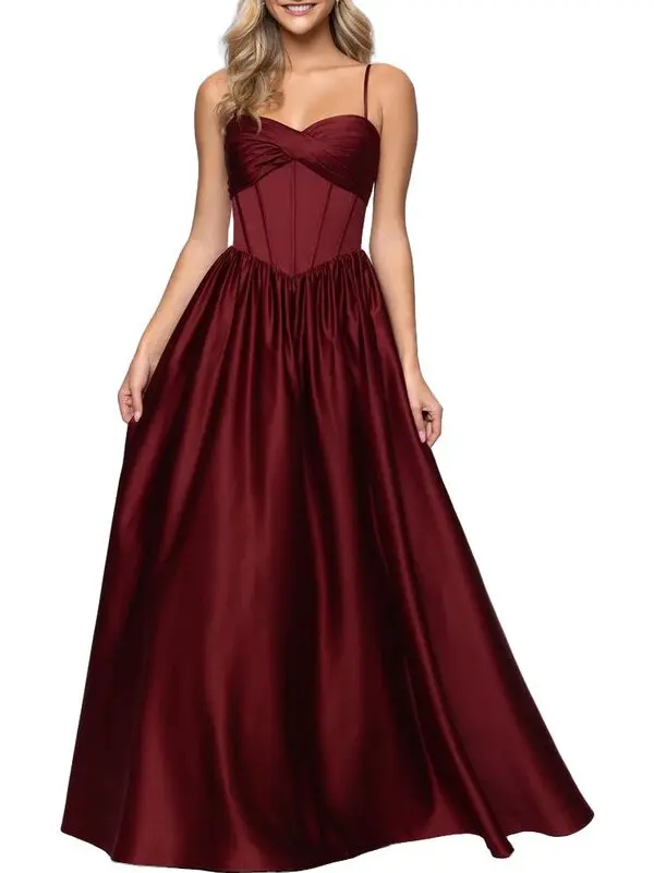BLONDIE NITES Basque Waist Satin Gown - Wine