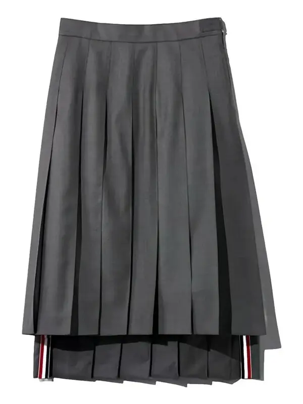 Thom Browne Pleated Midi Skirt With Signature Stripe Trim - Grey