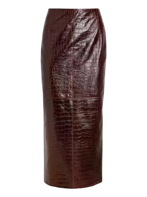 Nour Hammour Elyse Crocodile-effect Midi Skirt - Brown
