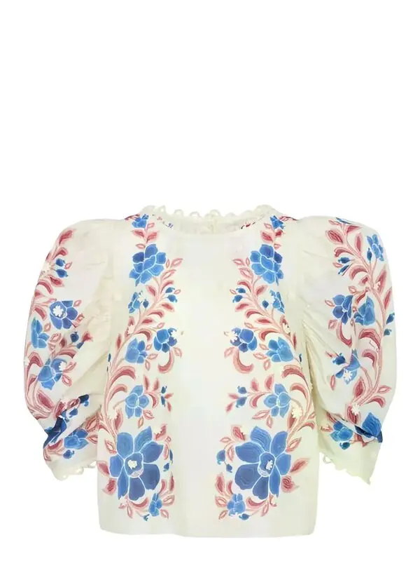 Farm Rio Floral Puff-sleeve Blouse - Neutrals