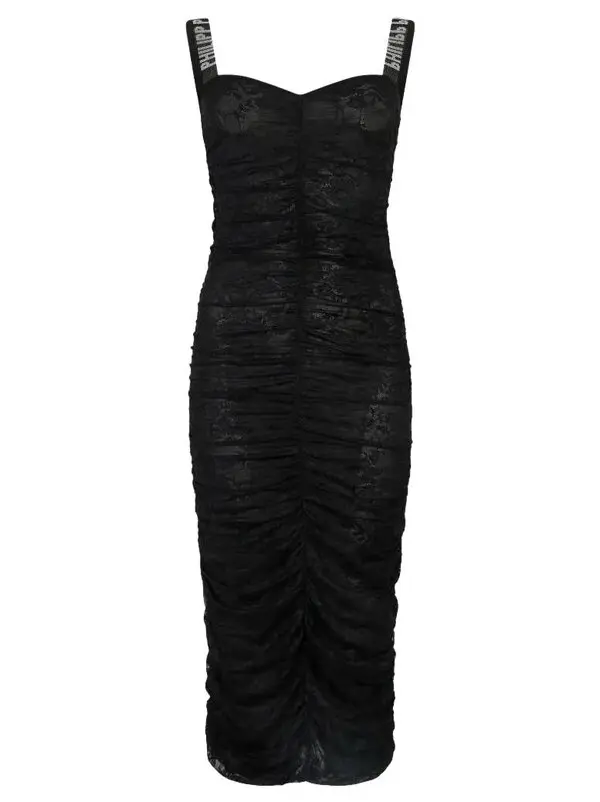 Philipp Plein Wrinkled Lace Midi Dress - Black