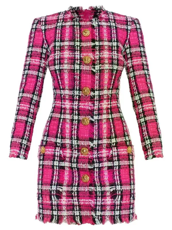 Balmain Plaid Frayed Button Dress - Pink