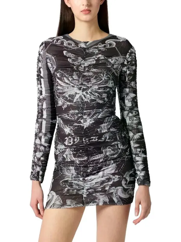 Philipp Plein Wrinkled Butterfly-print Mini Dress - Black